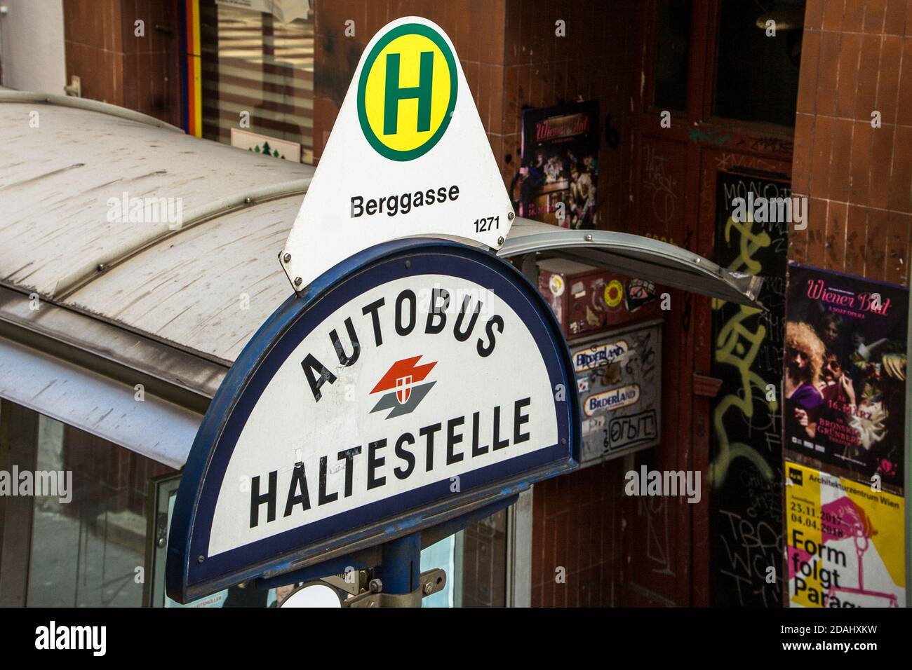 Wien, Osterreich - 28 MARCH 2018: View of central bus stop Berggasse in ...