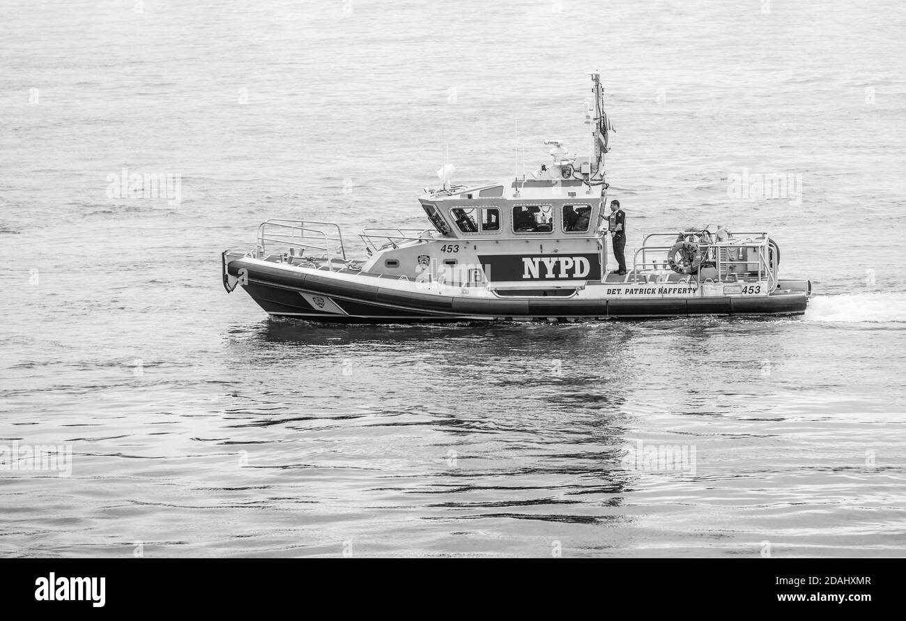 NEW YORK, USA - Sep 18, 2017: Black and white image of NYPD boat ...