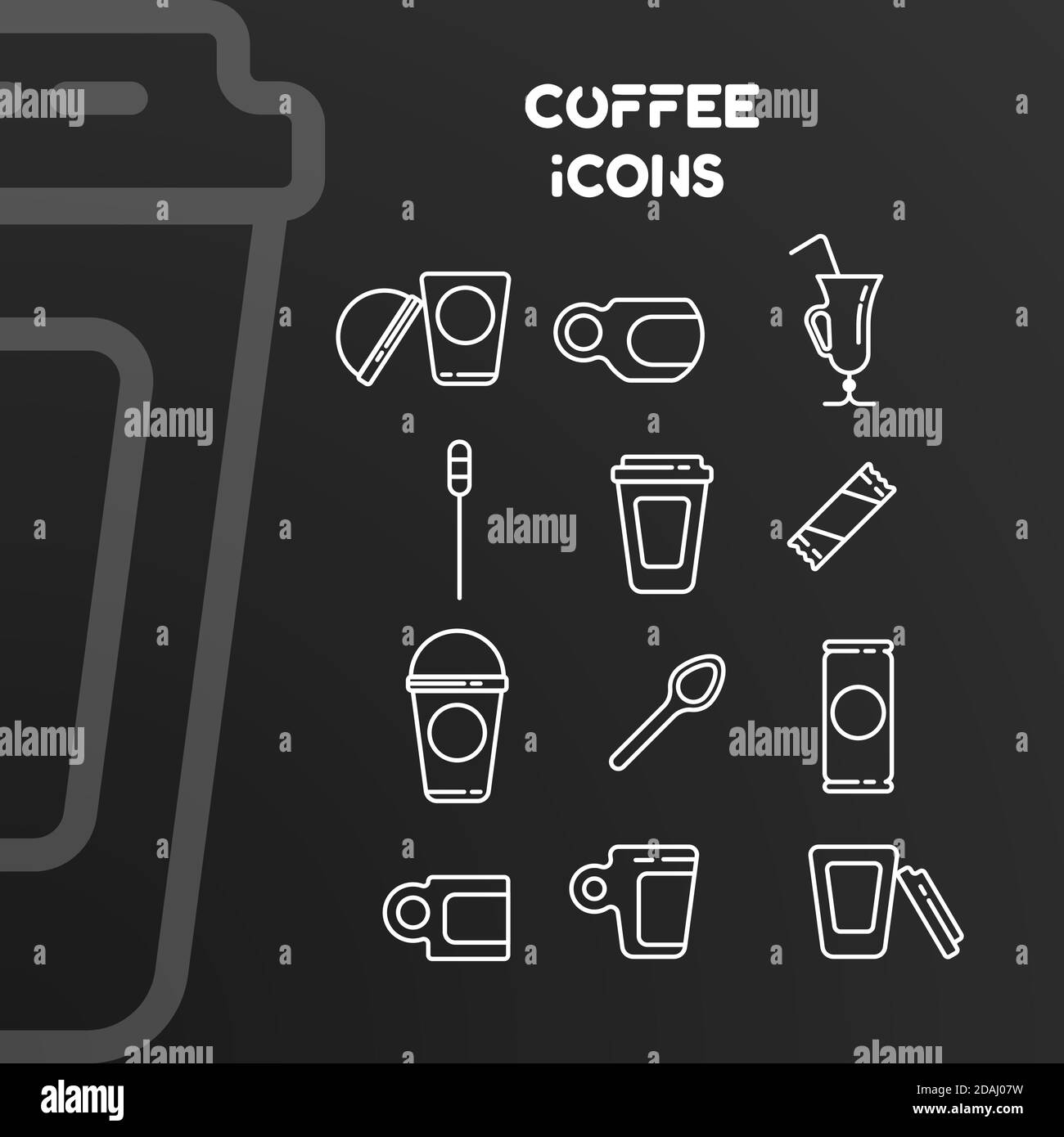 Set of vector white linear icons on the coffee theme. Signs are ...