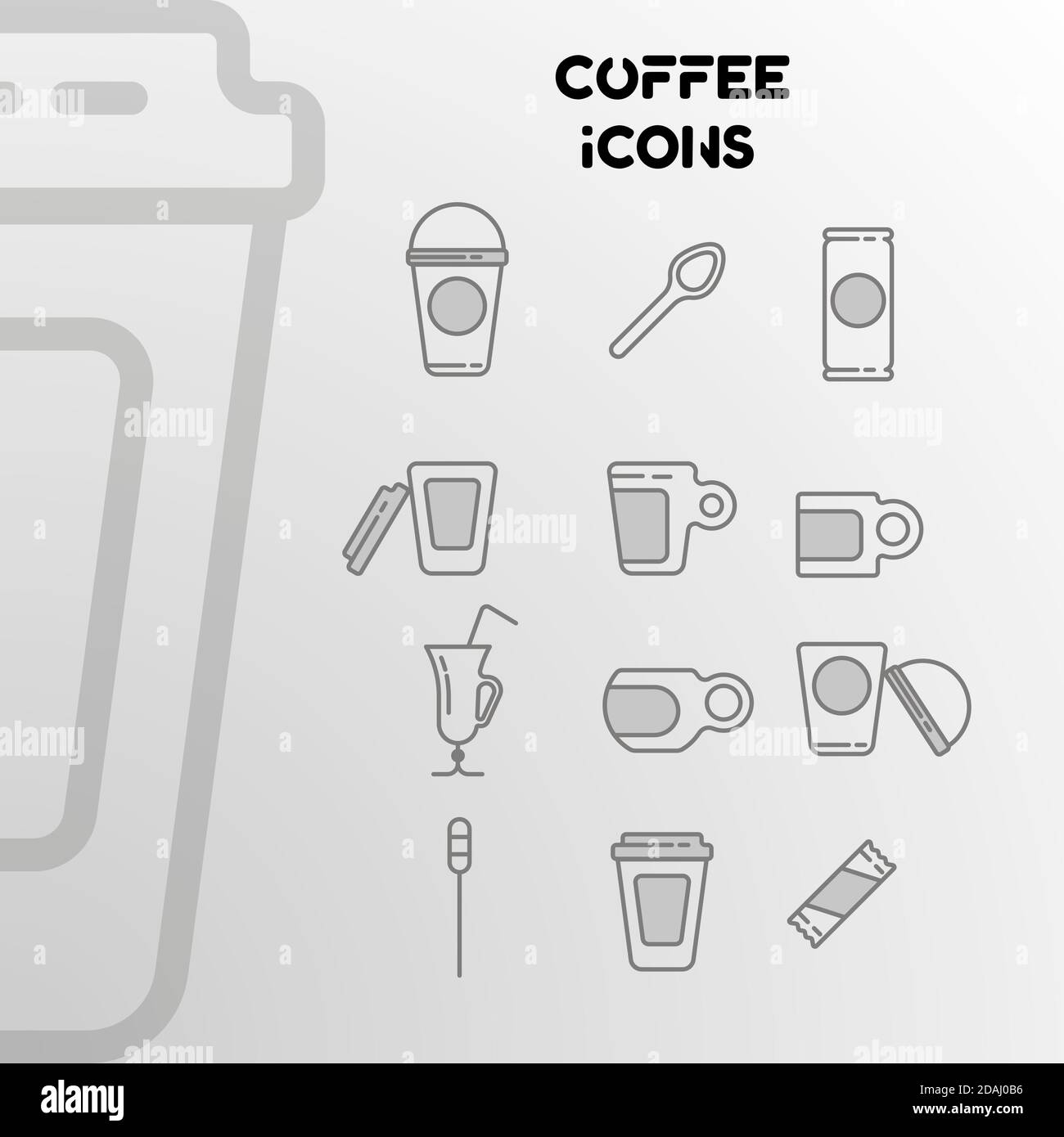 Design of linear icons on the coffee theme. A set of cups, spoons ...