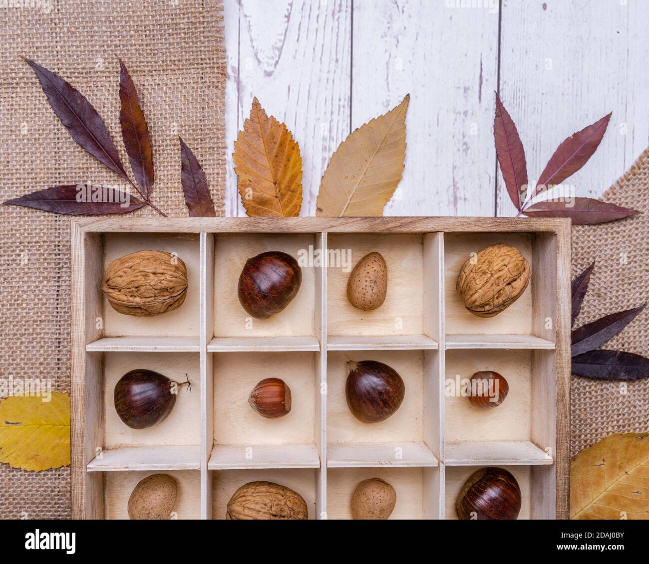 Top view of different kinds of nuts in a wooden box Stock Photo - Alamy