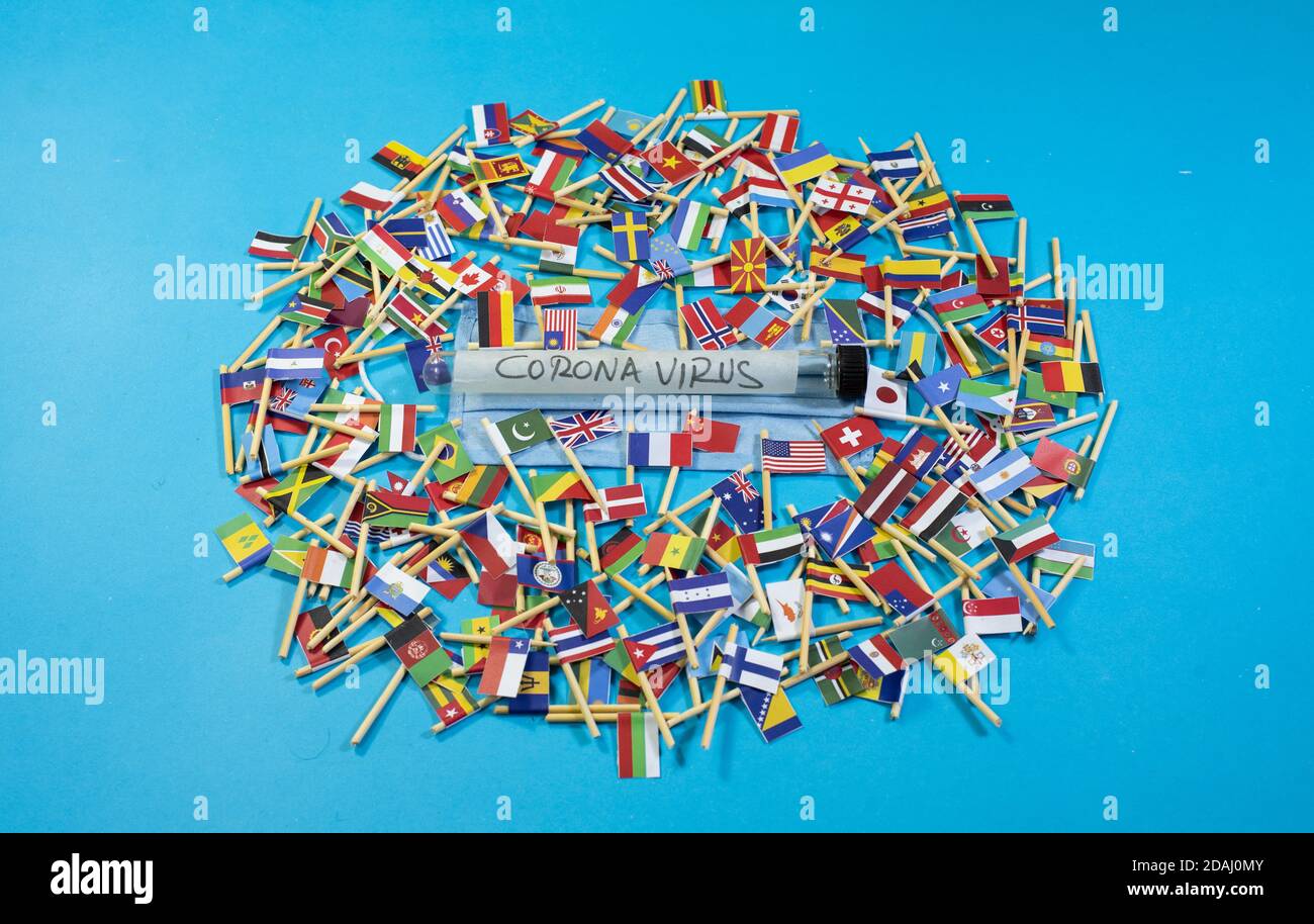 Coronavirus mask with flags of multiple countries, isolated background ...