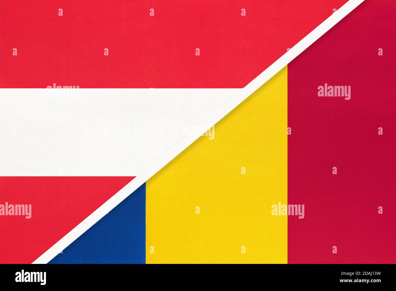 Austria and Romania, national flags from textile. Relationship ...