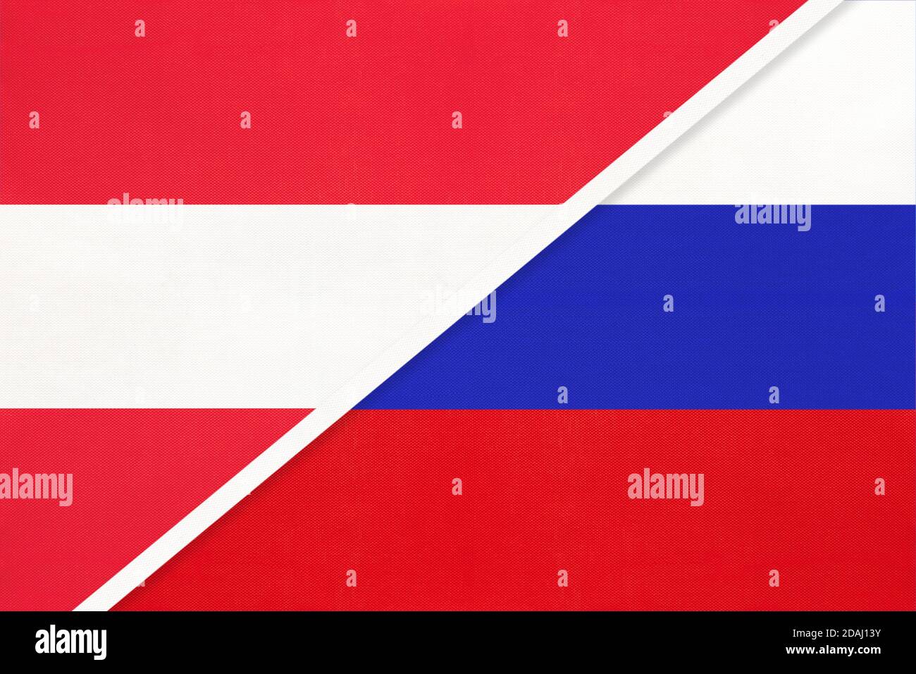 Austria and Russia or Russian Federation, national flags from textile ...