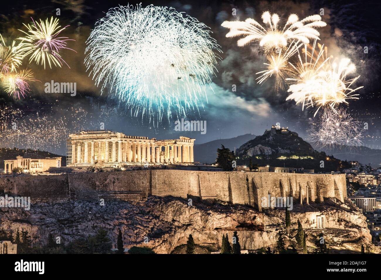 fireworks over Athens, Acropolis and the Parthenon, Attica, Greece ...