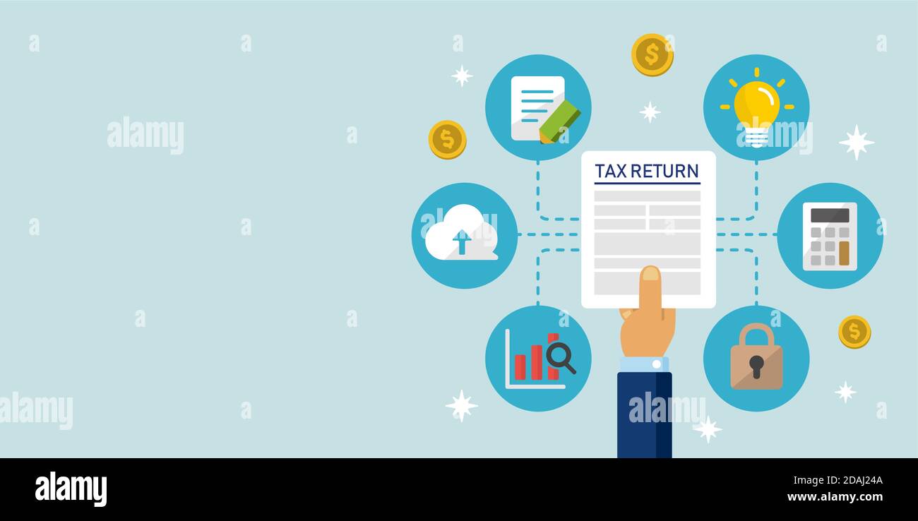Tax return, submit tax document, tax form /cartoon banner illustration ...