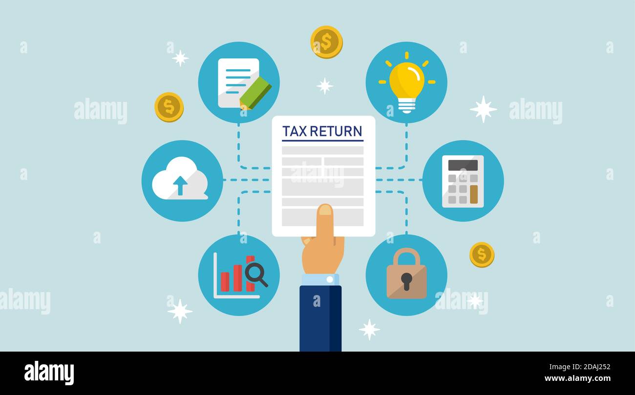 Tax return, submit tax document, tax form /cartoon banner illustration ...