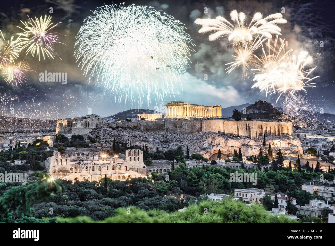 fireworks over Athens, Acropolis and the Parthenon, Attica, Greece ...