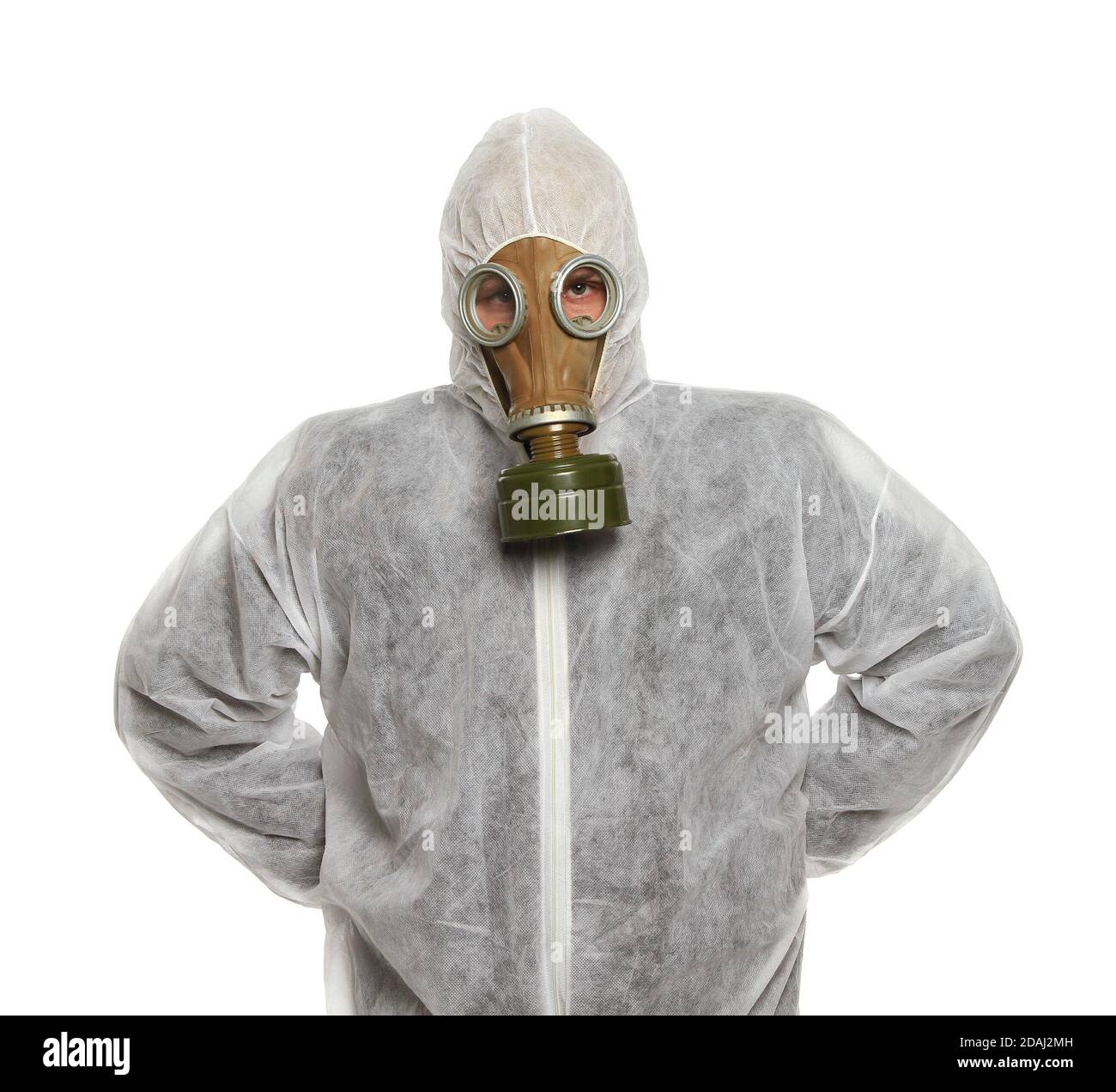 Male wearing a protective suit and gas mask on white background Stock ...