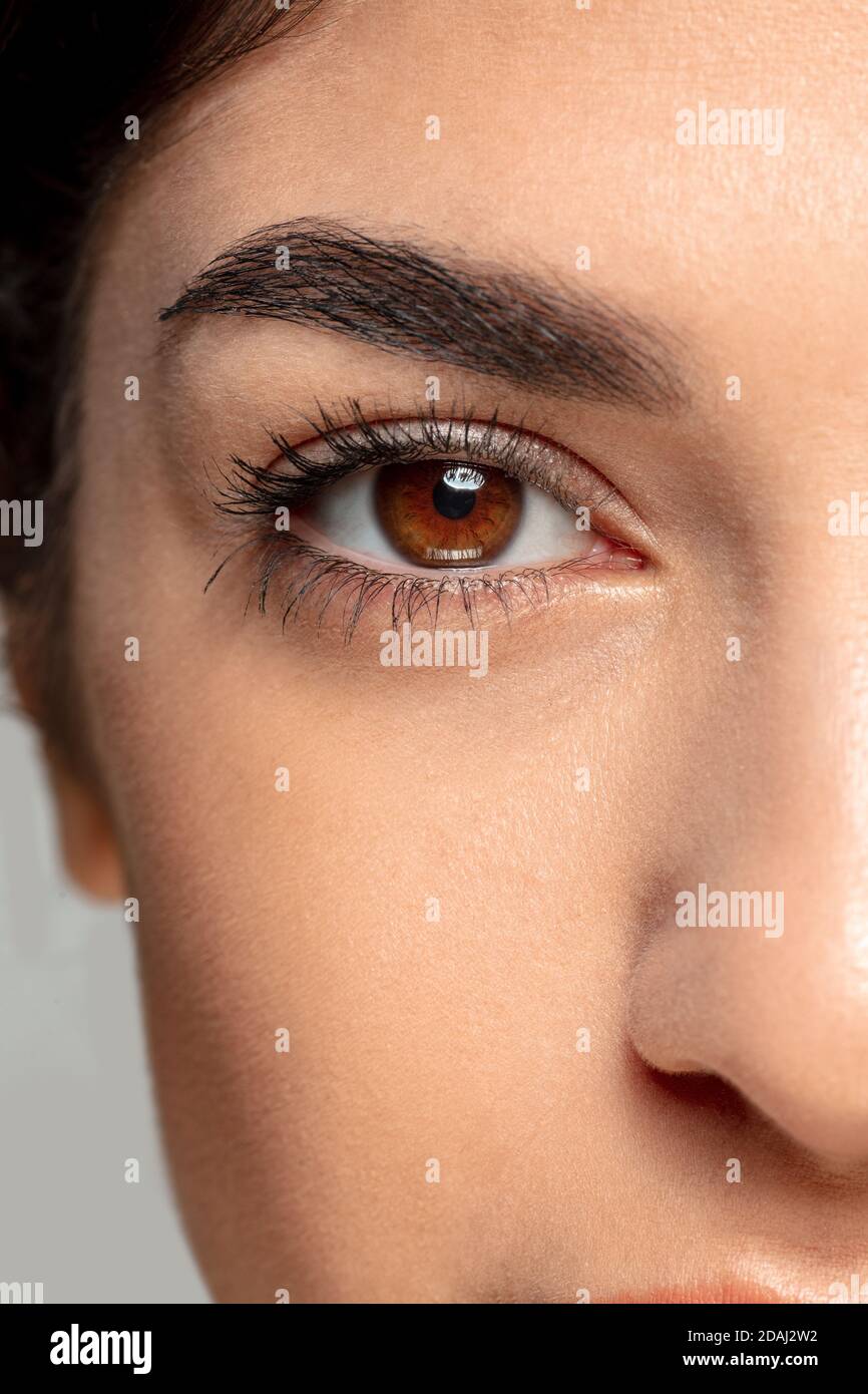Eye, brow. Close up portrait of beautiful jewish female model. Parts of ...