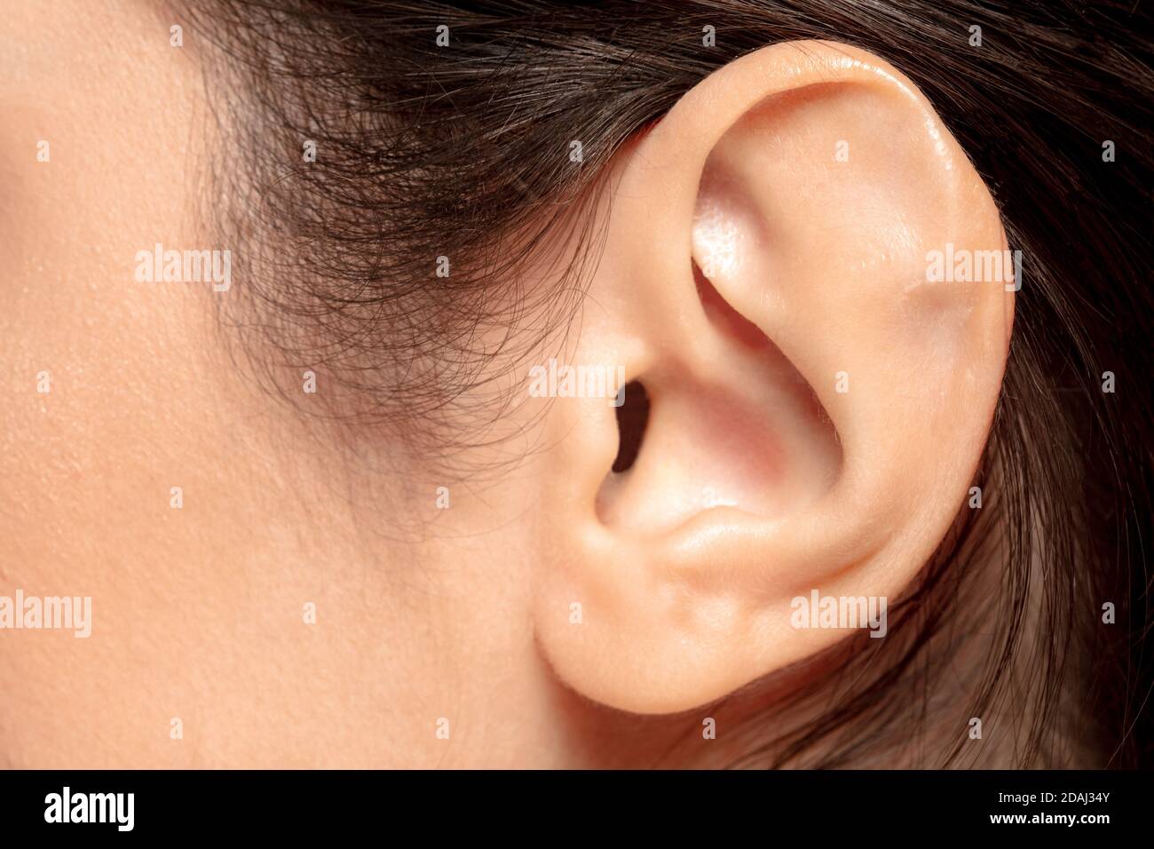 Ear. Close up portrait of beautiful jewish female model. Parts of face ...