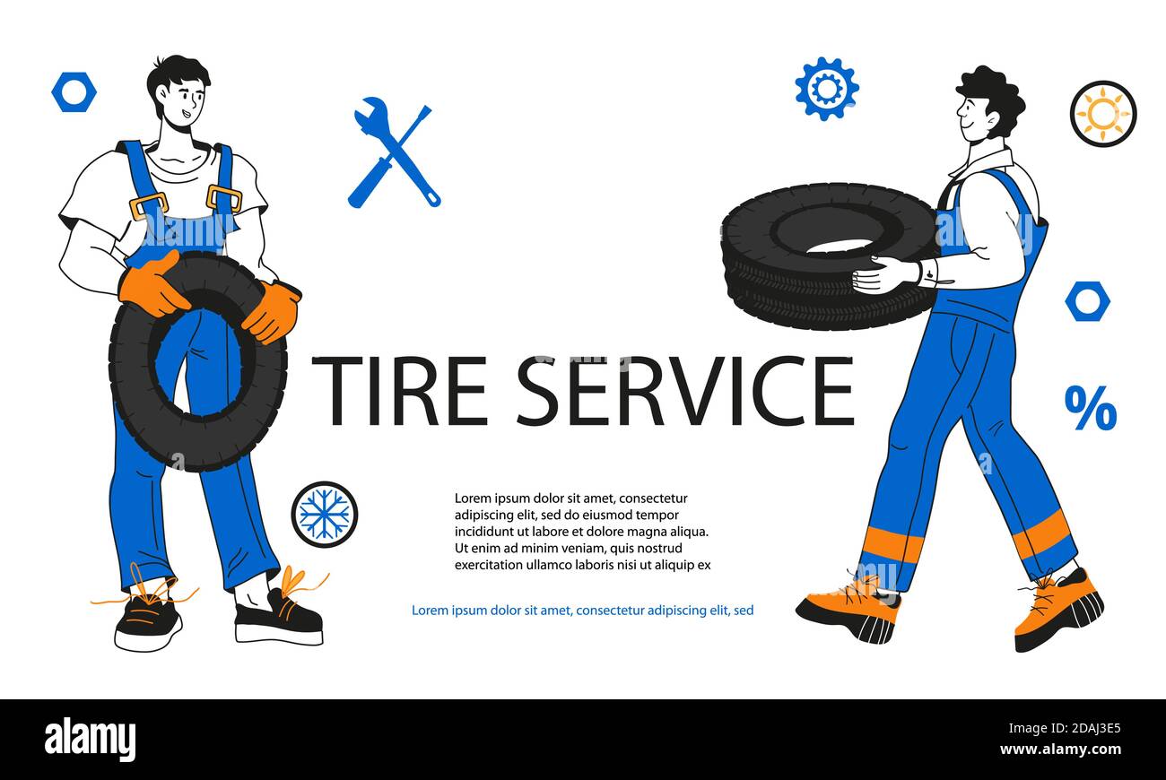 Tire service or car repair garage banner or flyer cartoon vector ...