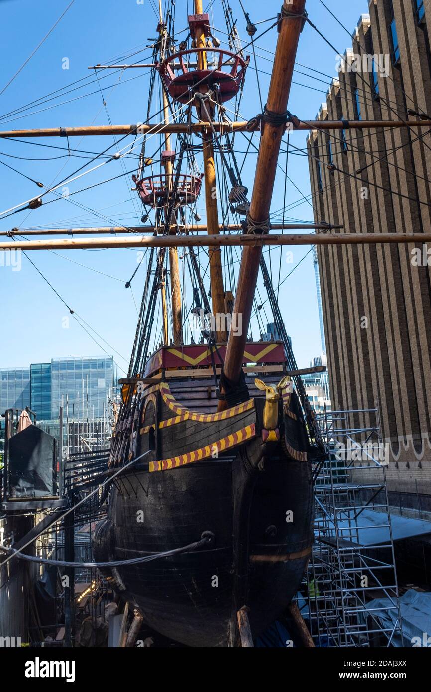 The replica of Sir Francis Drake's ship the Golden Hinde, in dry dock ...