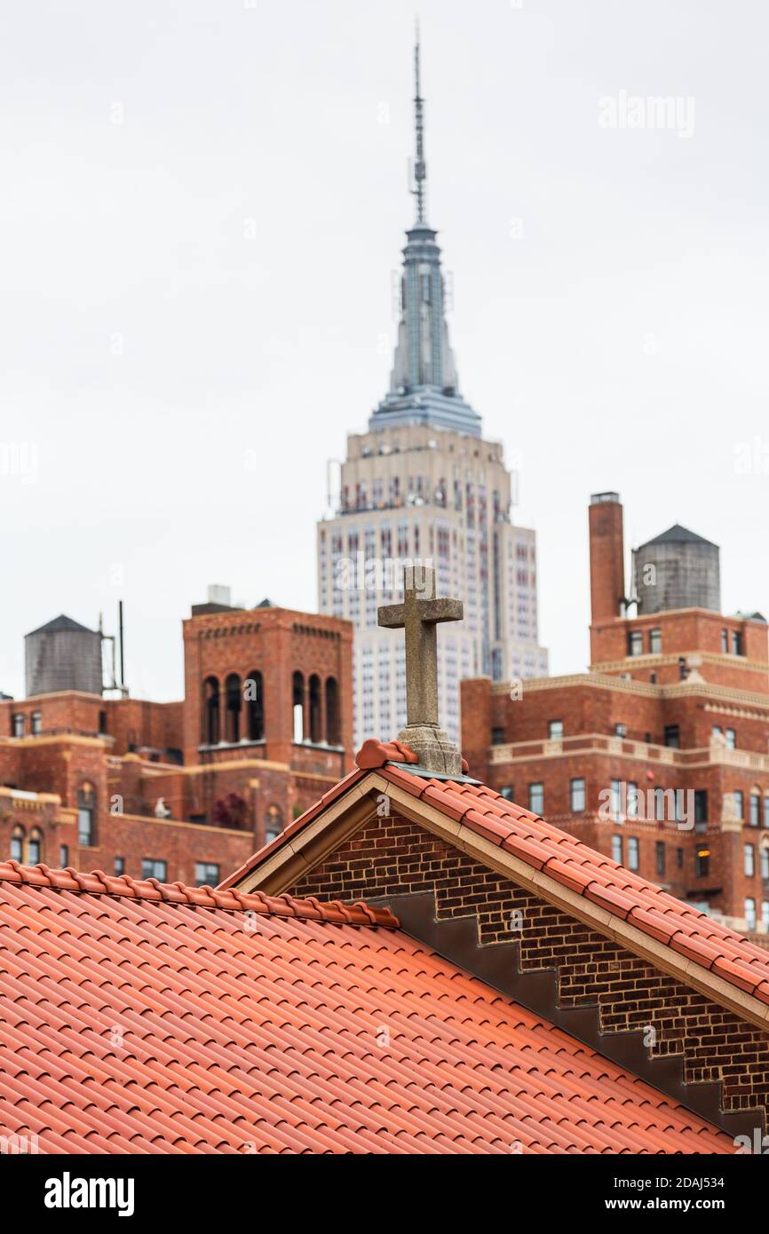 NEW YORK, USA - Apr 29, 2016: New York City skyline and roofs of ...