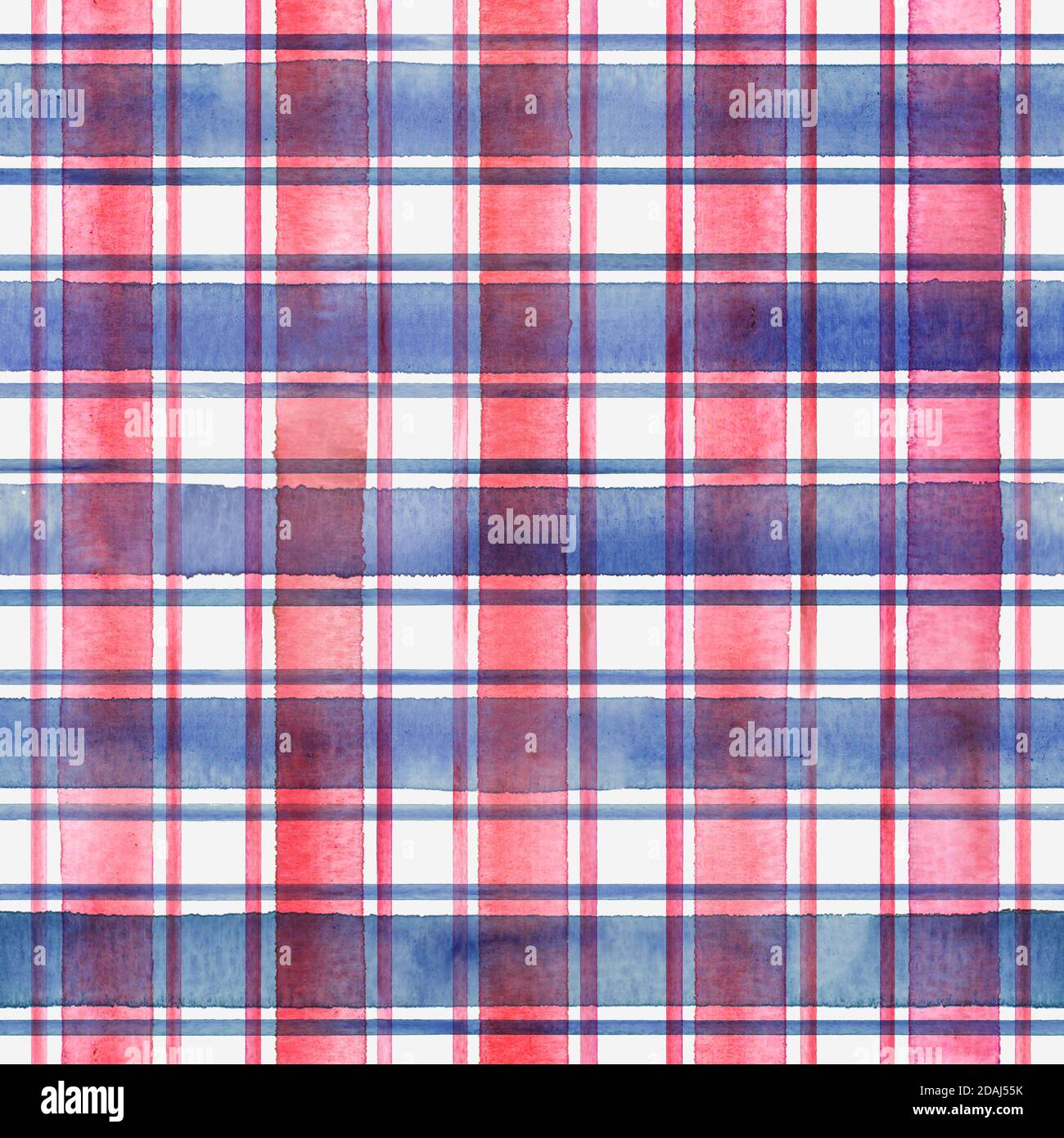 Watercolor stripe plaid seamless pattern. Colorful blue red pink ...