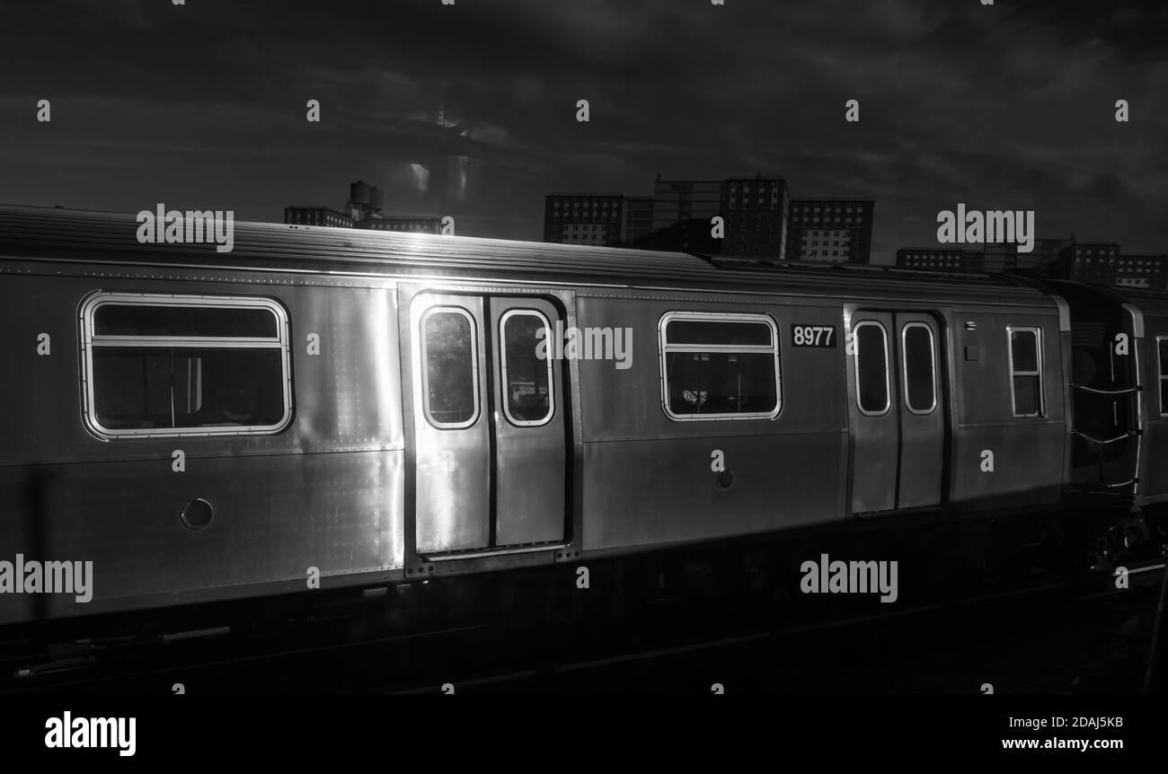 Black and white image of New York City Subway. NYC Subway is one of ...