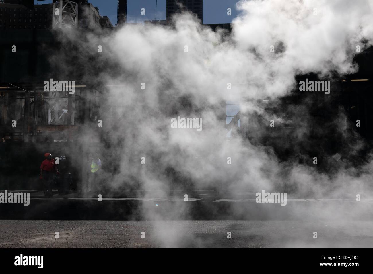 NEW YORK, USA - Sep 23, 2017: Manhattan street scene. Cloud of vapor ...