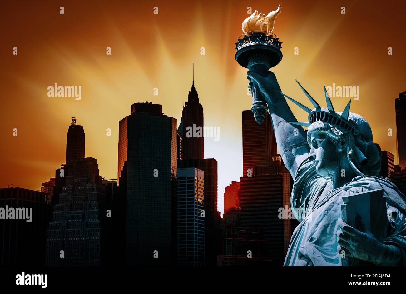 Symbols of New York City. Manhattan Skyline and The Statue of Liberty ...