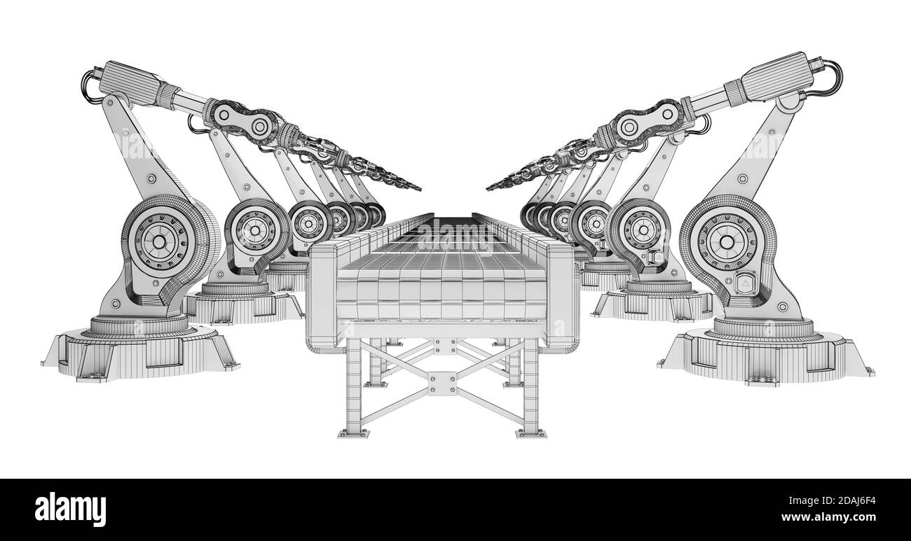 row of wireframe robotic arms with conveyor belt isolated on white. 3d ...