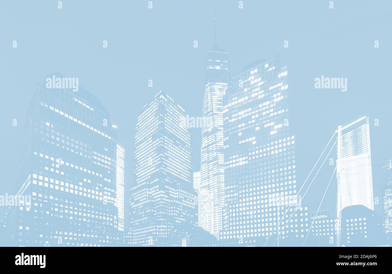 Light blue image of World Trade Center at night viewed from the Hudson ...