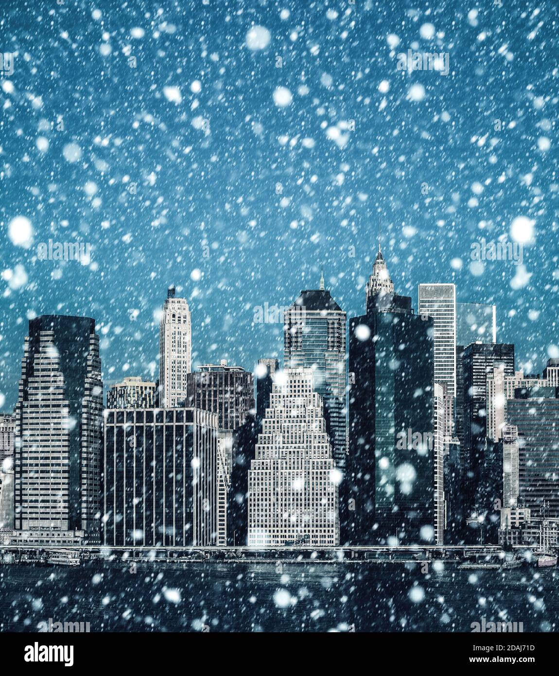 Manhattan. Morning New York City skyline during a snowfall Stock Photo ...