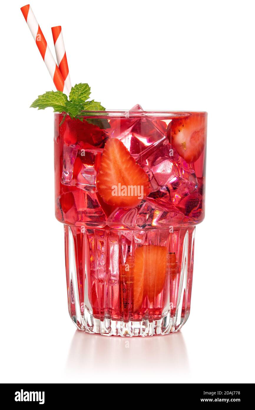 strawberry cocktail glass with mint leaf and straws on white background ...