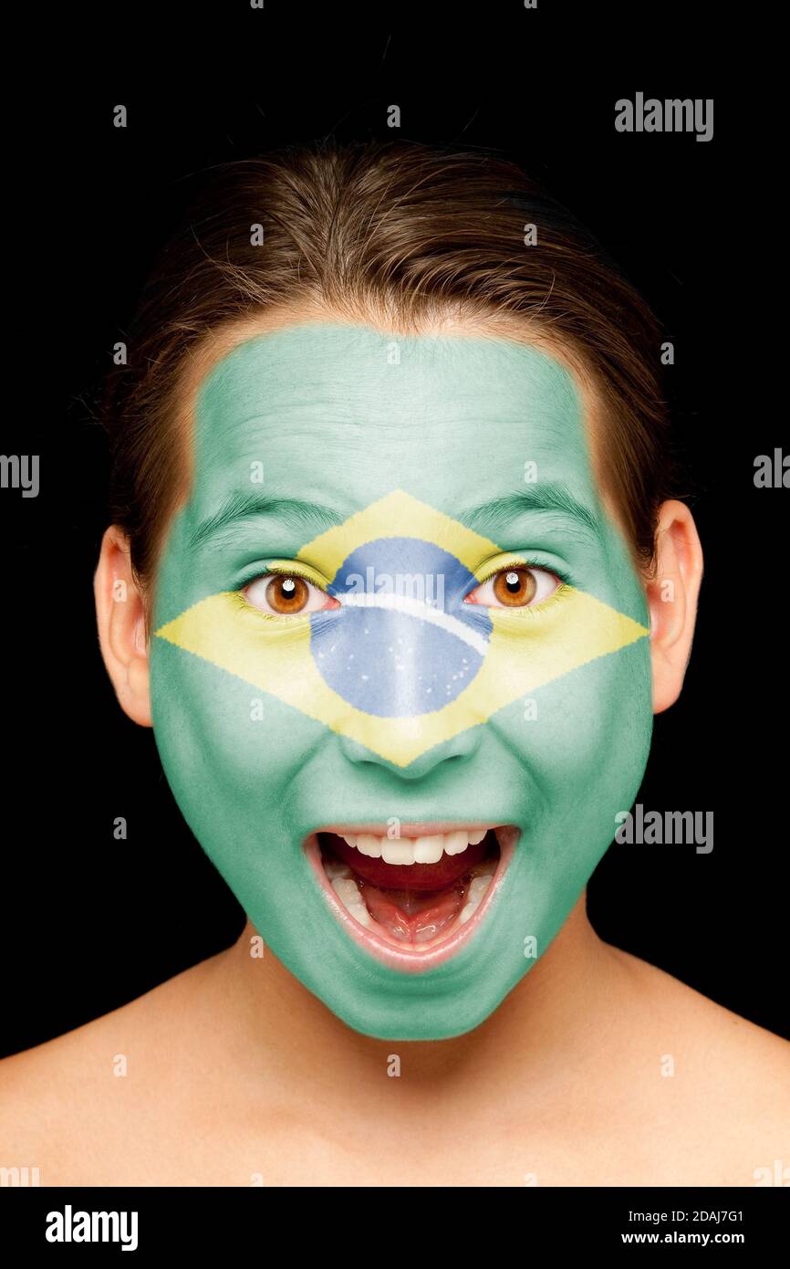 portrait of girl with brazilian flag painted on her face Stock Photo ...