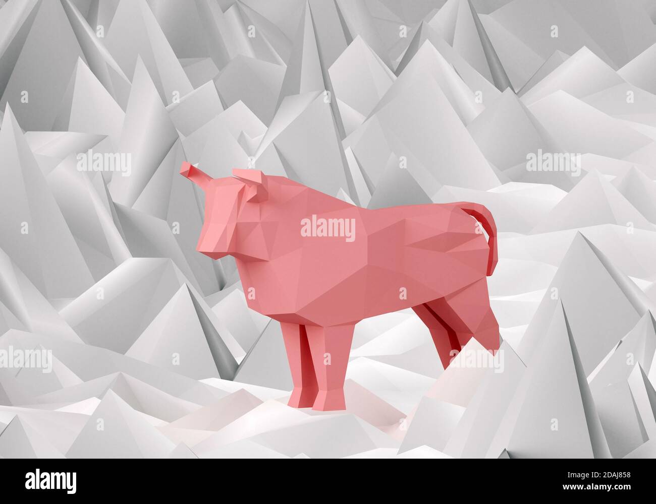 Figurine of pink low poly Paper Bull on polygonal white background, a ...