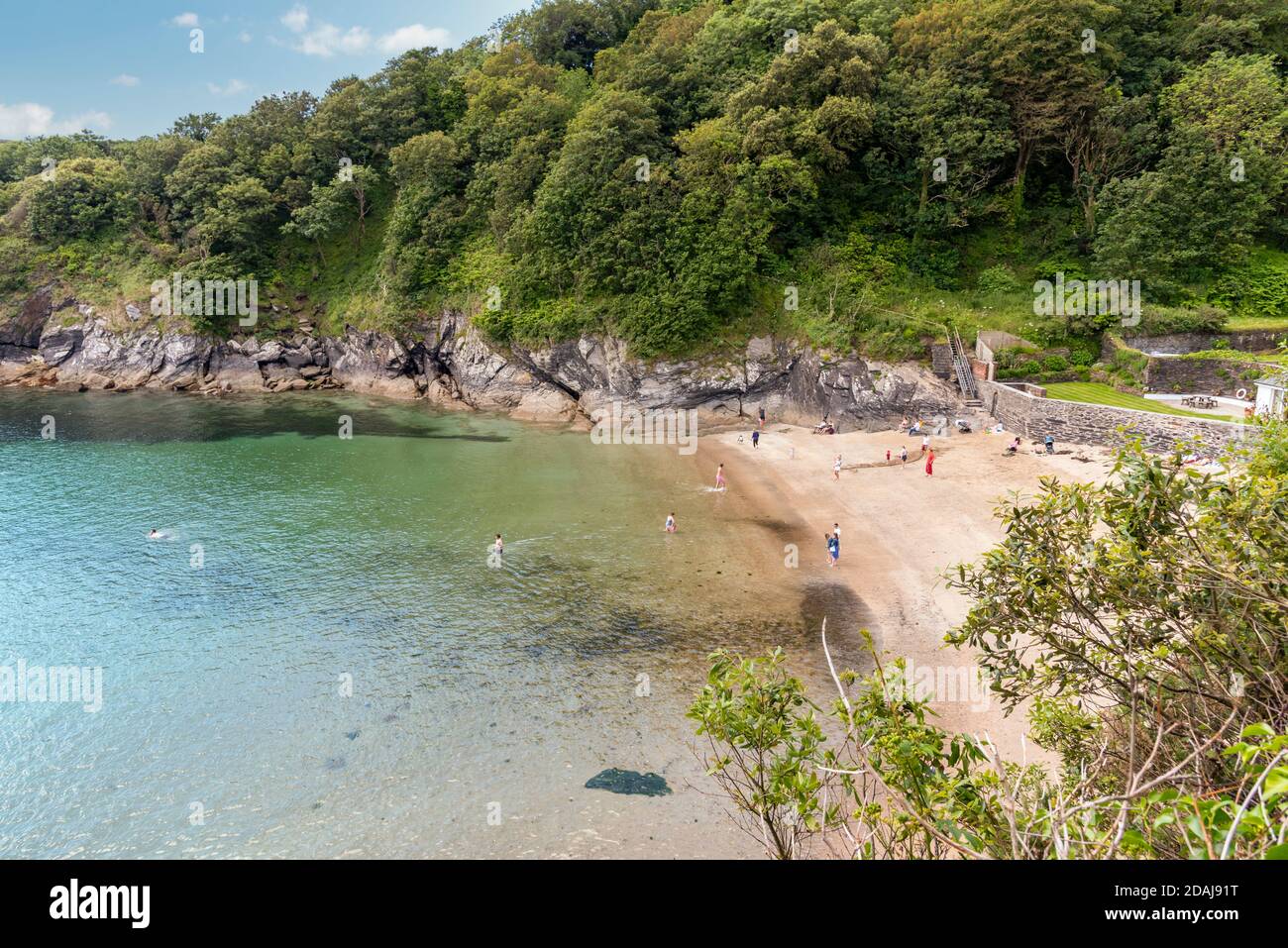 View looking down on the beach at Readymoney Cove, Fowey, Cornwall, UK ...