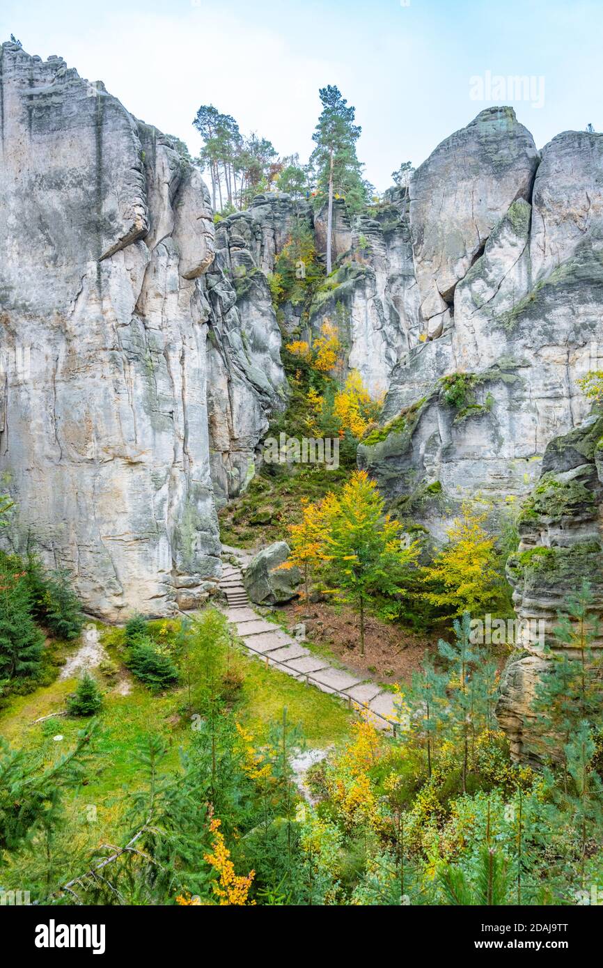 Sandstone rock formation in vibrant autumn forest. Prachov Rocks, Czech ...