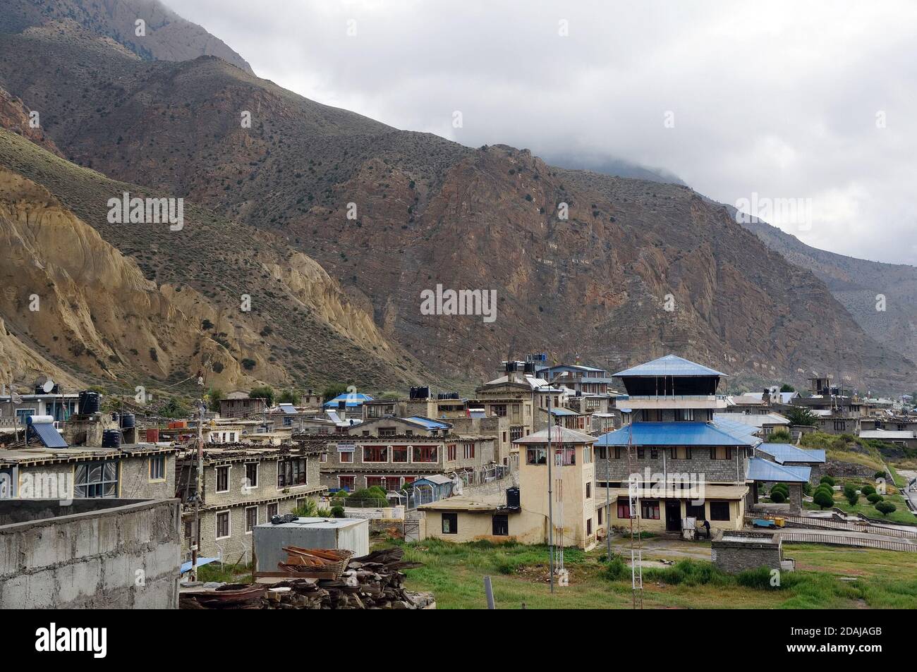 View of the traditional residential area of Jomsom at the foot of the ...