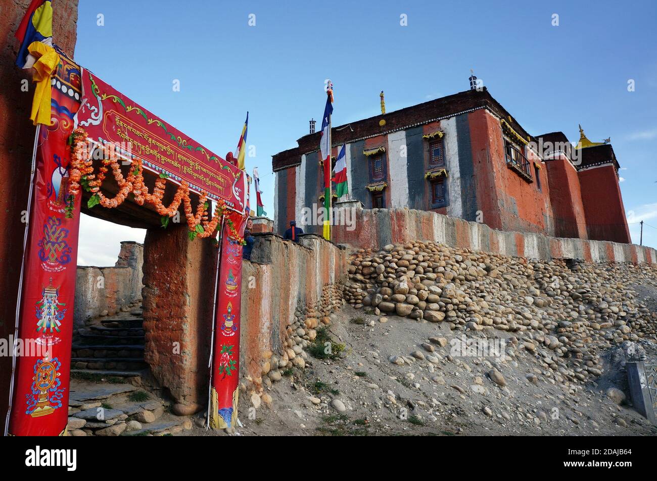 Gate with a prayer at the entrance to Tsarang Gompa - a monastery of ...