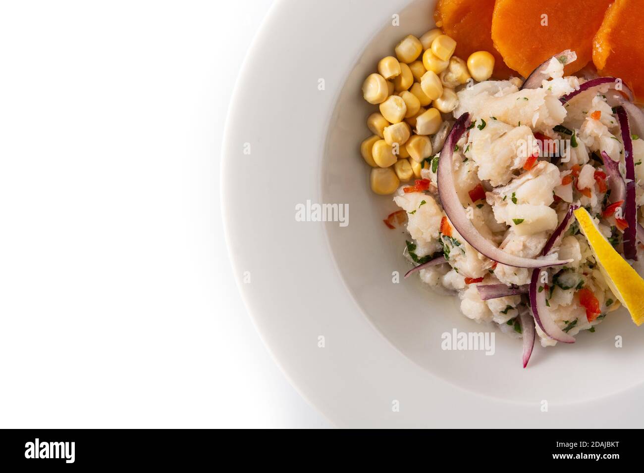 Traditional peruvian ceviche with fish, sweet potato, corn and ...