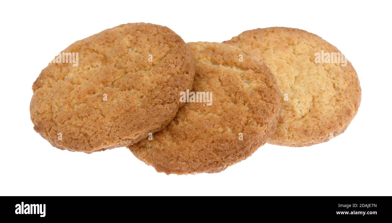 Three coconut flavor cookies arranged in a row and isolated on a white ...