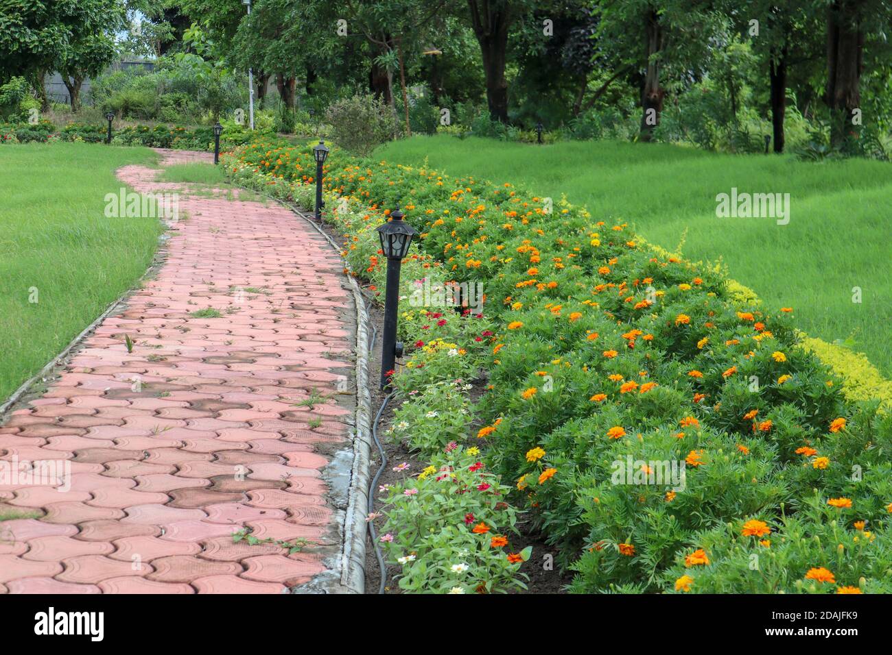 Beautiful walkway in a park with colorful flowers Stock Photo - Alamy