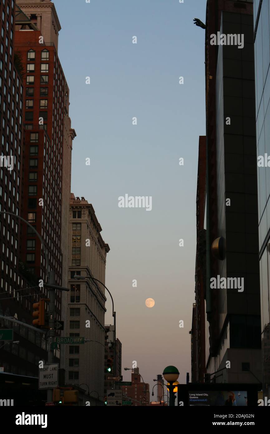 New York City Midtown Manhattan Street building Sunset with Moon View ...