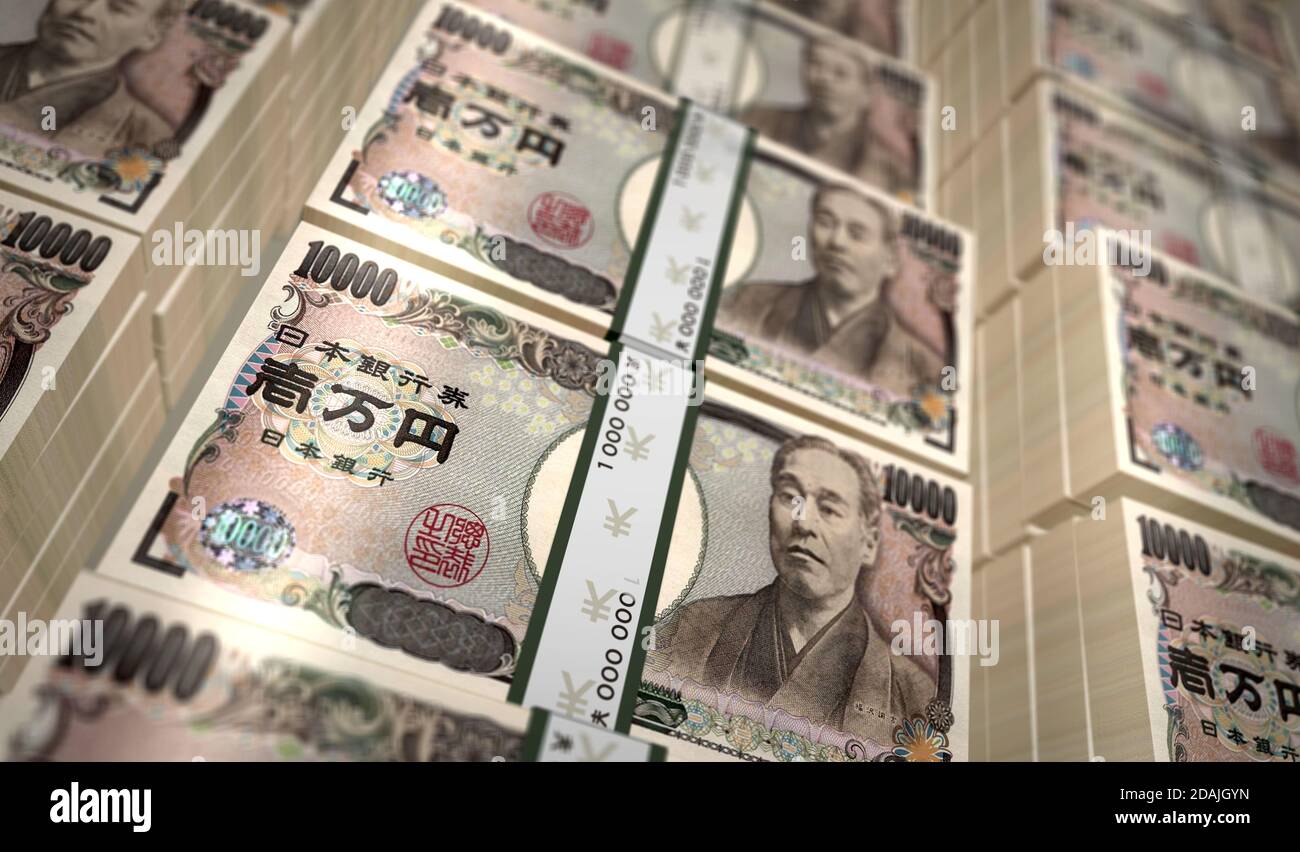 Japanese yen money pack 3d illustration. One JPY banknote bundle stacks. Concept of finance ...