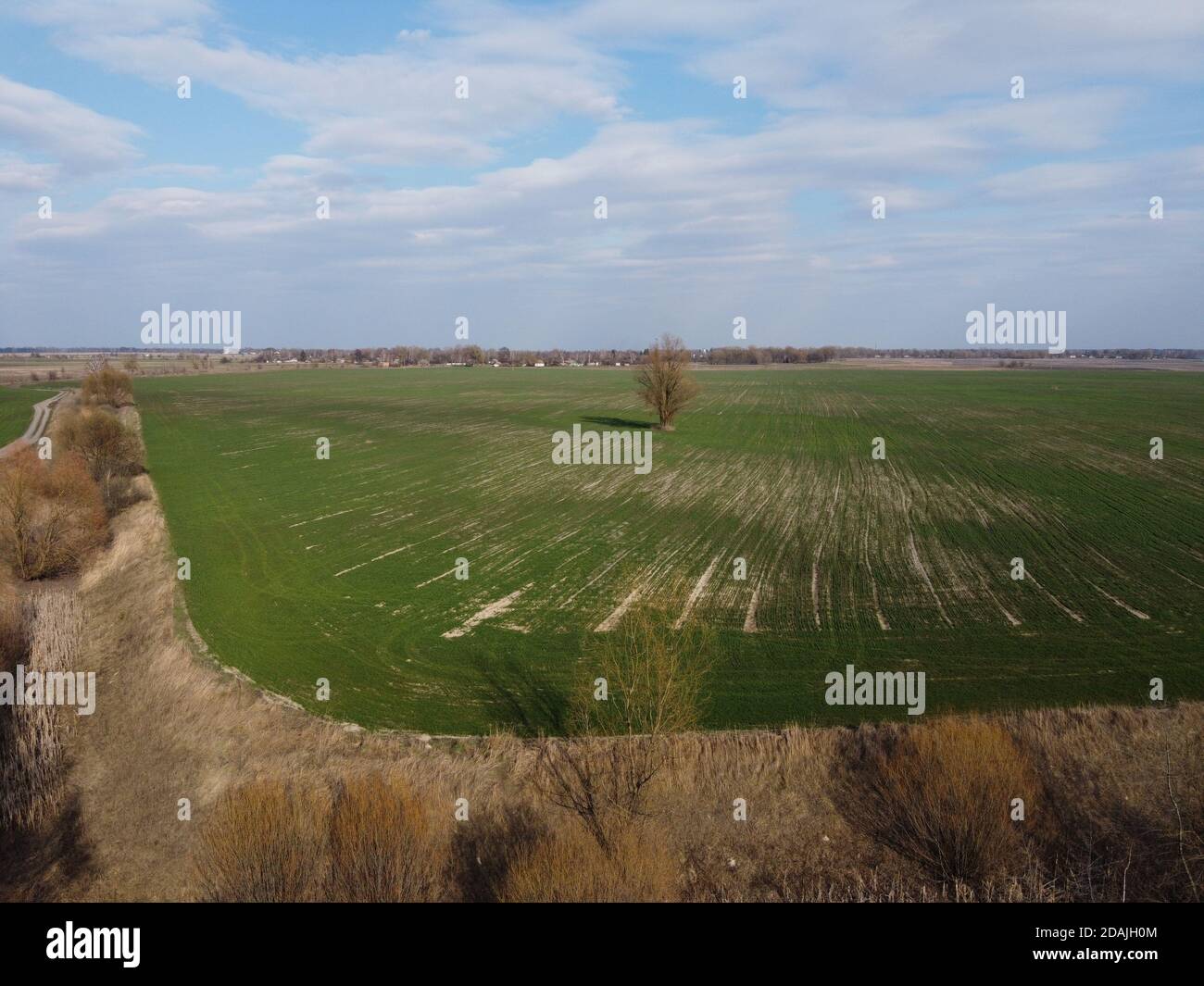 Dry reclamation canal in the field, aerial view. Agricultural landscape ...