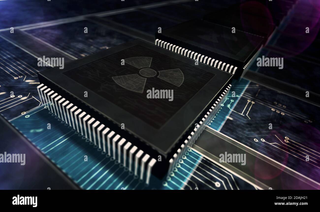 Cyber attack with nuclear symbol, danger, digital war, cybernetic ...