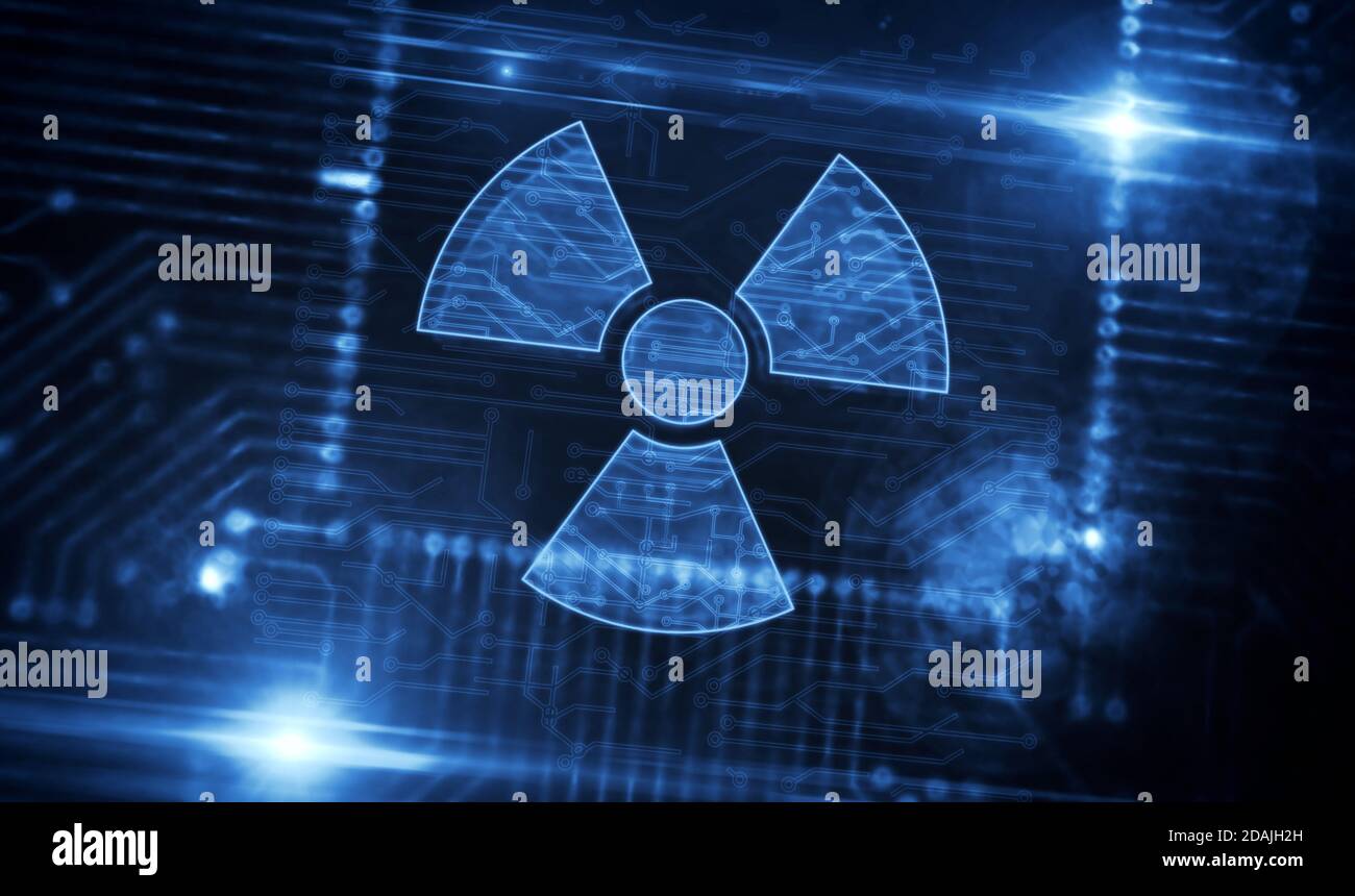 Cyber attack with nuclear symbol, danger, digital war, cybernetic ...