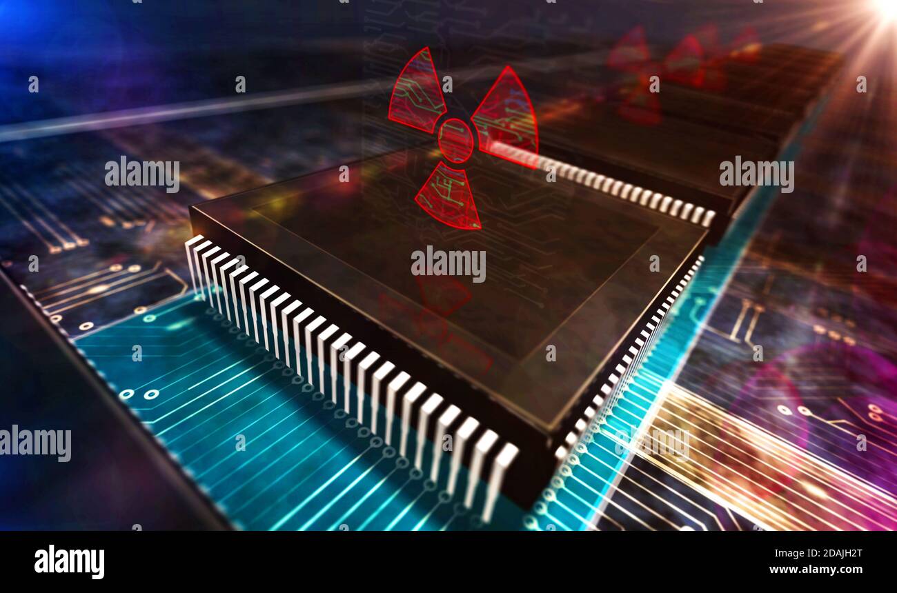 Cyber attack with nuclear symbol, danger, digital war, cybernetic ...