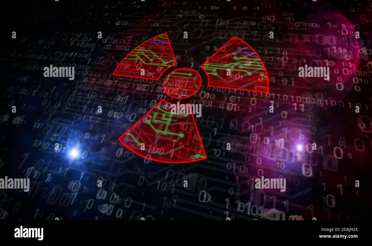 Cyber attack with nuclear symbol, danger, digital war, cybernetic ...