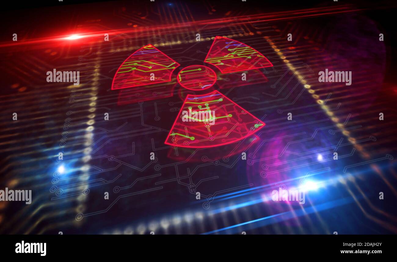 Cyber attack with nuclear symbol, danger, digital war, cybernetic ...