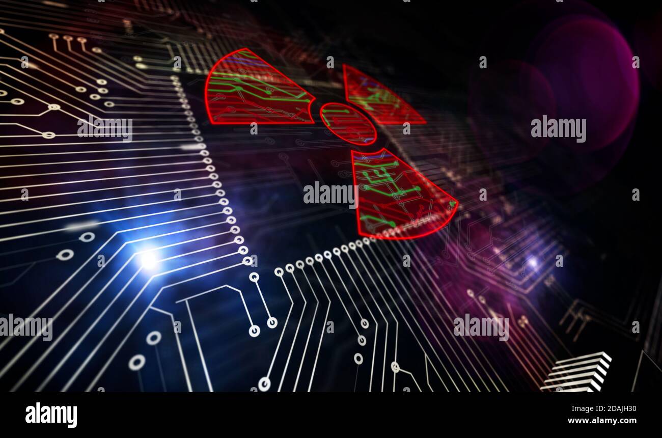 Cyber attack with nuclear symbol, danger, digital war, cybernetic ...