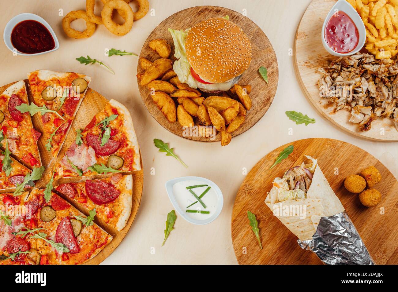 Top view of a gourmet restaurant table with delicious fast foods Stock ...