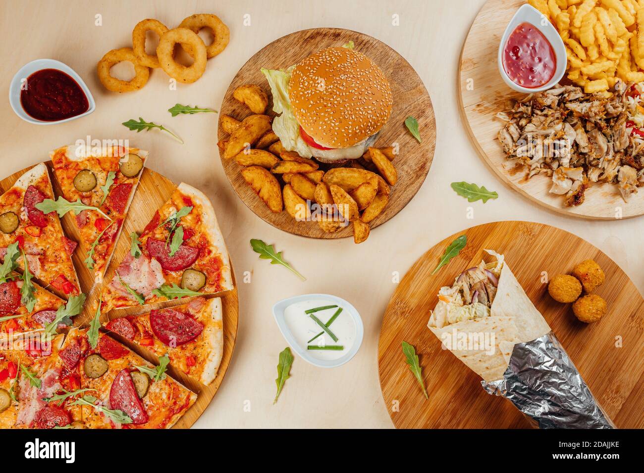 Top view of a gourmet restaurant table with delicious fast foods Stock ...