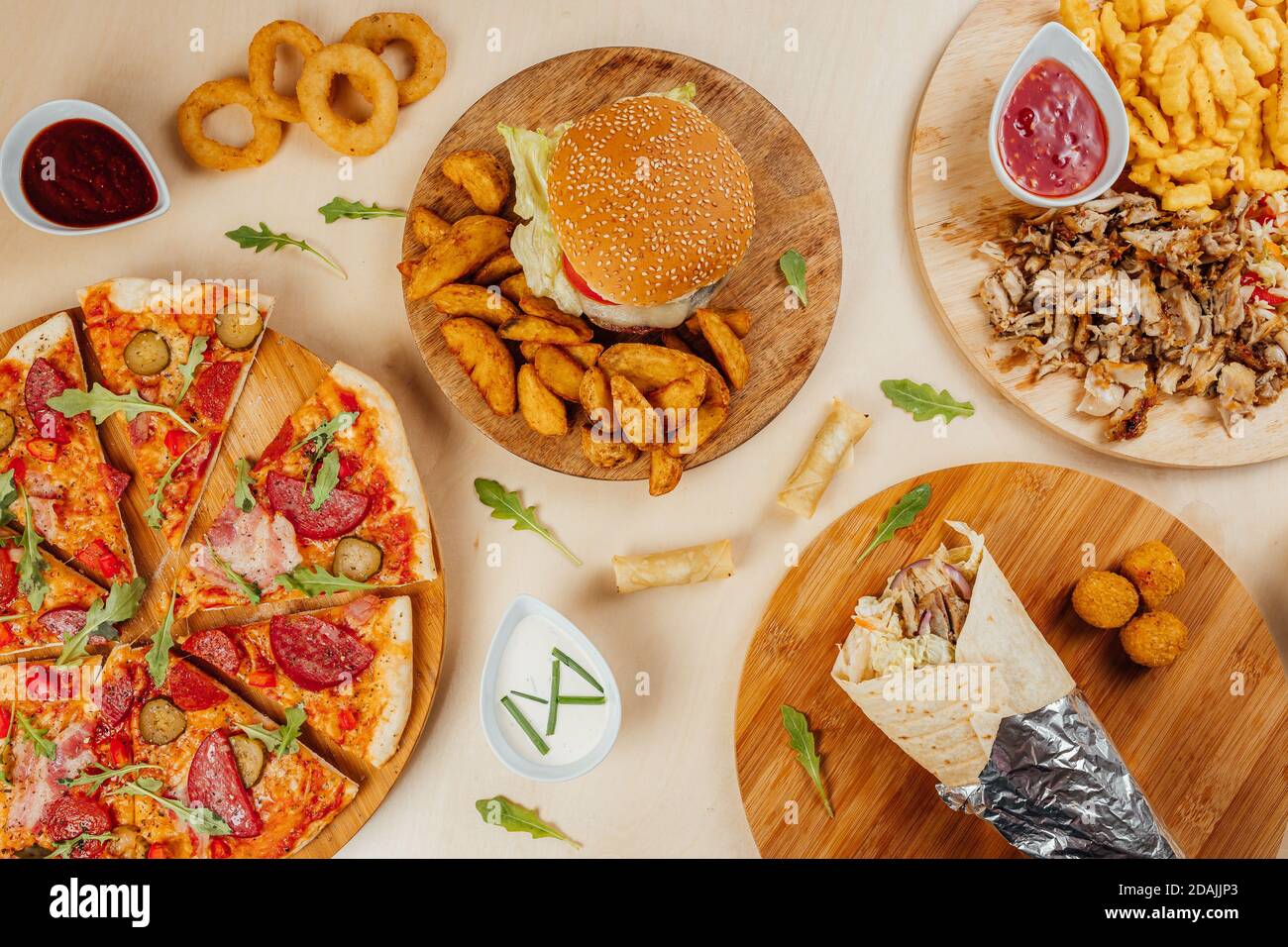 Top view of a gourmet restaurant table with delicious fast foods Stock ...