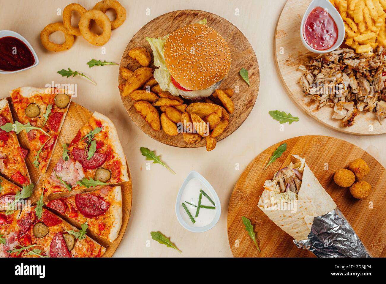 Top view of a gourmet restaurant table with delicious fast foods Stock ...