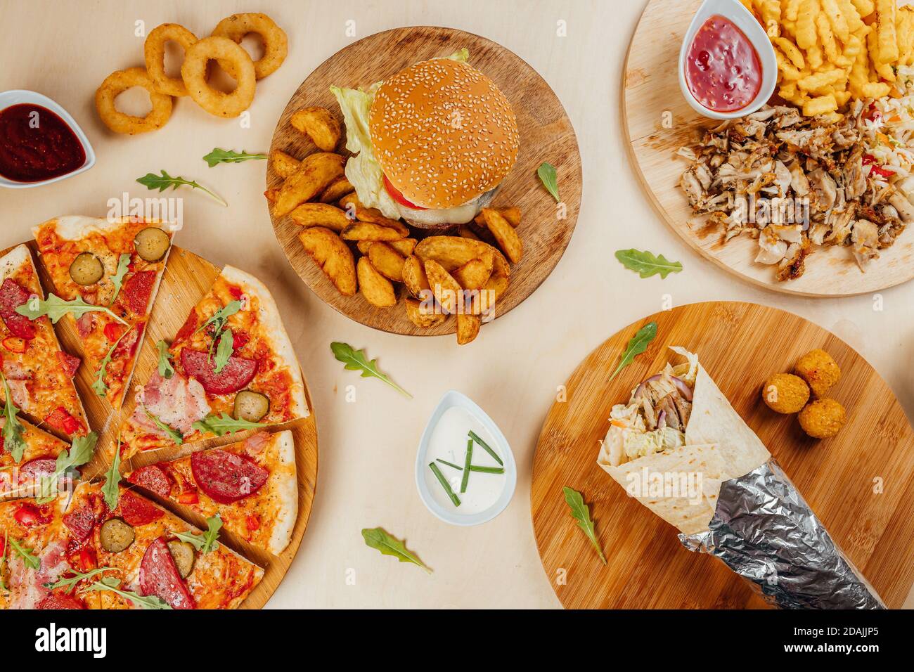 Top view of a gourmet restaurant table with delicious fast foods Stock ...