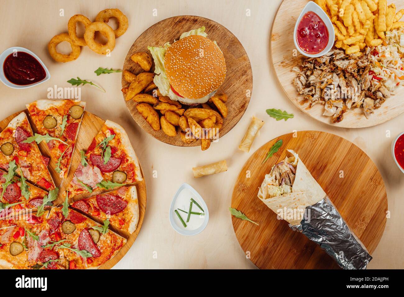 Top view of a gourmet restaurant table with delicious fast foods Stock ...